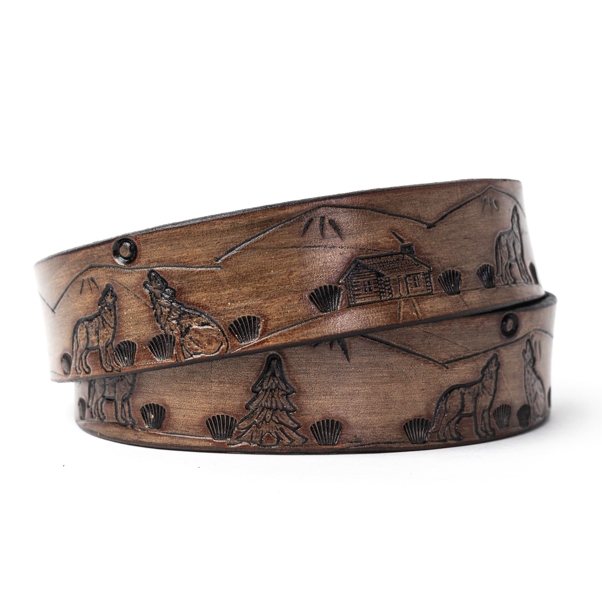 Buck and Bull Custom Leather Adult Belts Log Cabin and Wolves ...
